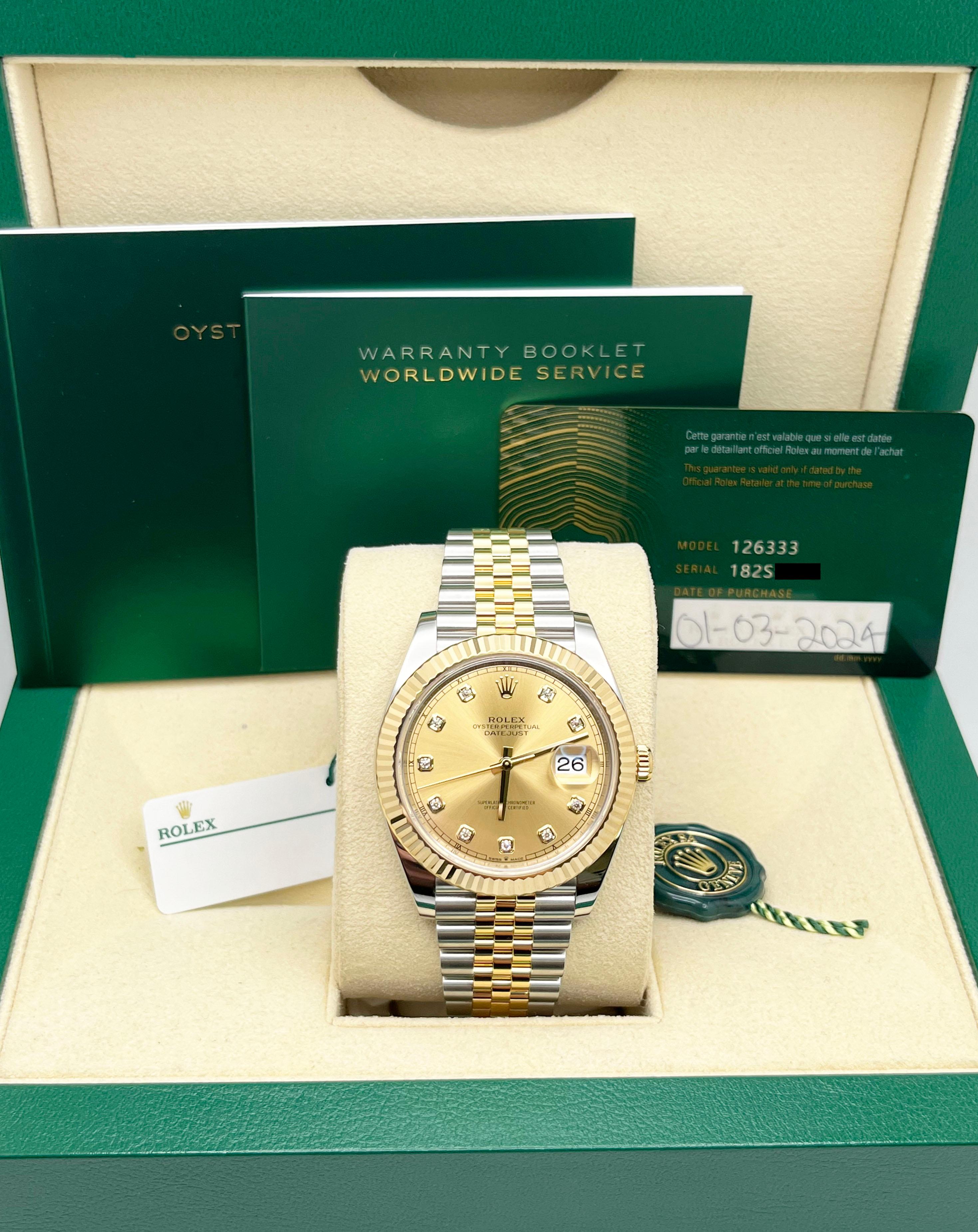 2024 Rolex 126333 Datejust 41 Champagne Diamond Dial 18K Gold Steel Box ...