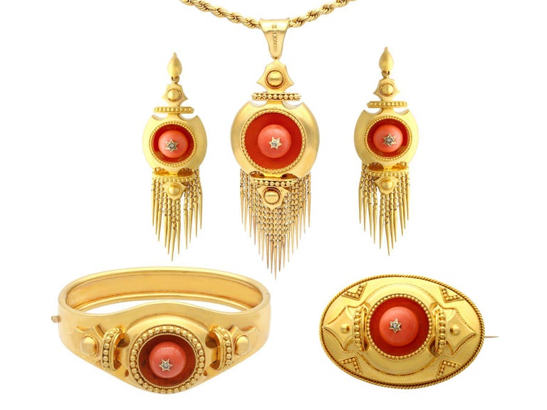 Antique Victorian 20.25 Carat Coral and Diamond Yellow Gold Jewelry Set ...