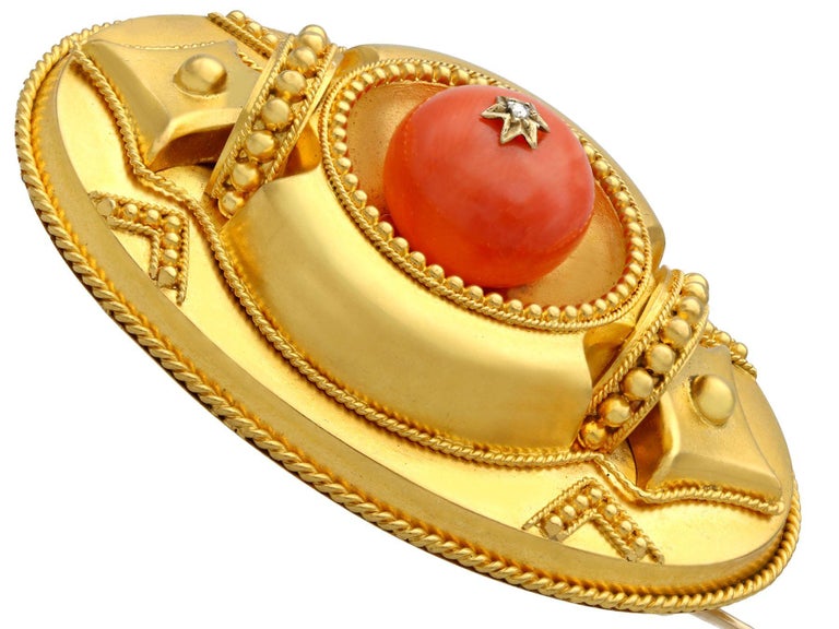 Antique Victorian 20.25 Carat Coral and Diamond Yellow Gold Jewelry Set ...