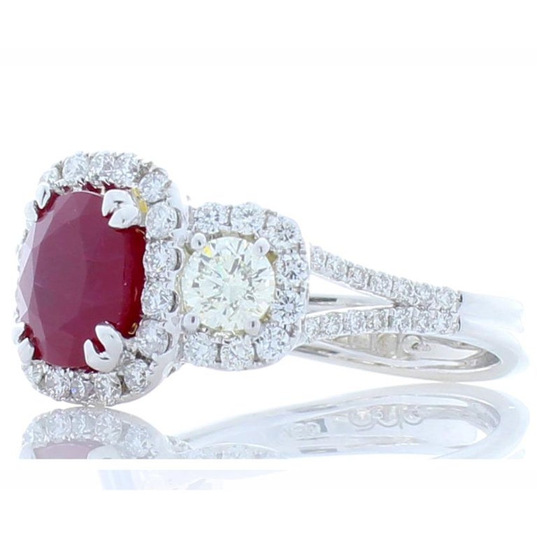 2.03 Carat Cushion Cut Ruby and Diamond Cocktail Ring in 18 Karat White ...