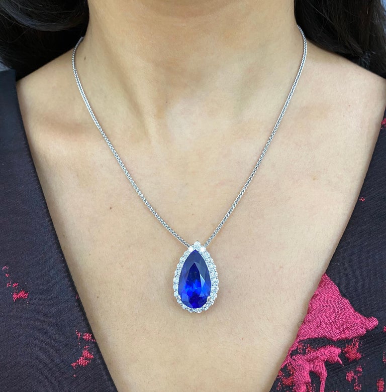 20.34 Ct Pear Shape Tanzanite Diamond Halo Necklace Pendant Fancy Chain ...