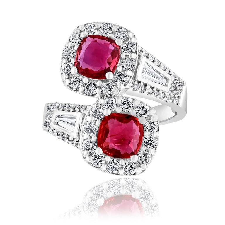 204 Carat Cushion Cut Ruby And Diamond Bypass Halo Ring In 14k White