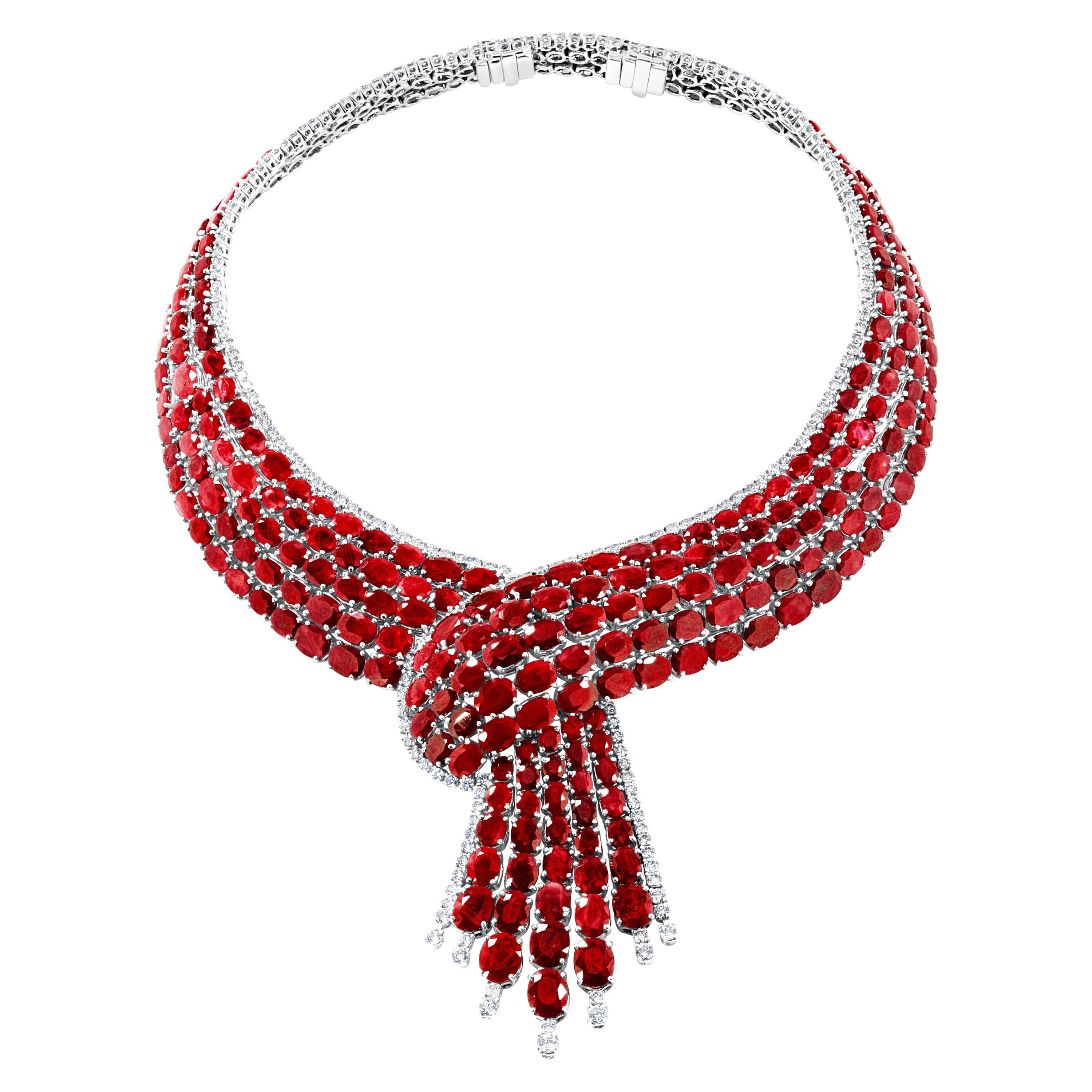 204 Carat Ruby, Diamond and White Gold Cravat Necklace For Sale at 1stDibs