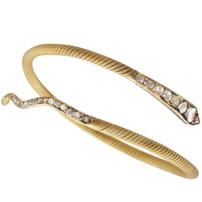1860s Antique Egyptian 2.05 Carat Diamond and Ruby Yellow Gold Snake ...