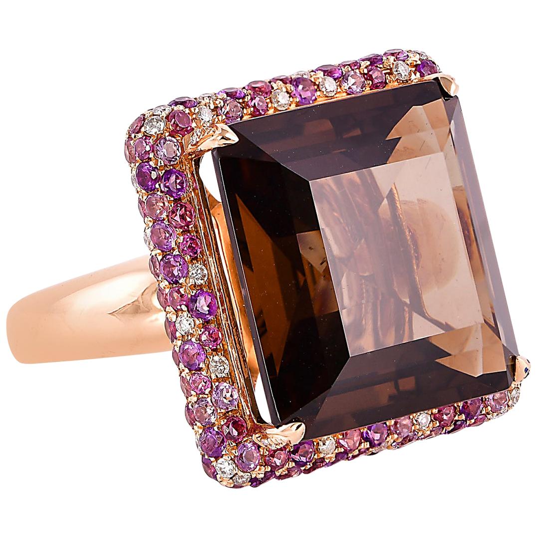 5.21 Carat Smoky Quartz Diamond 18 Karat Rose Gold Ring For Sale at ...