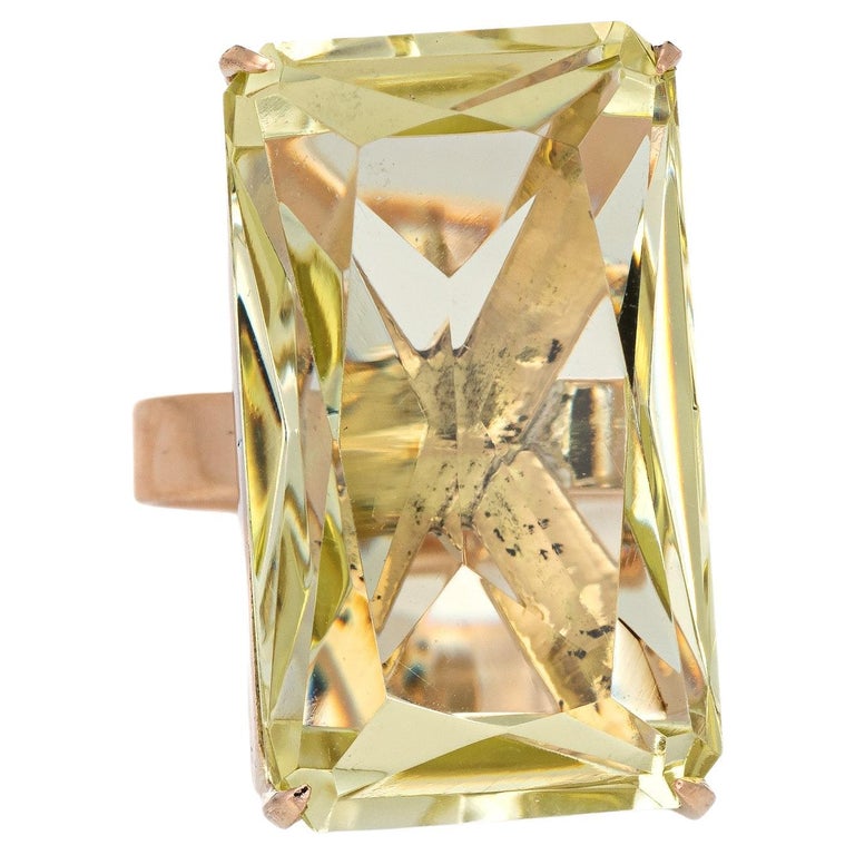 20ct Lemon Quartz Cocktail Ring Vintage 14k Yellow Gold Estate Fine ...