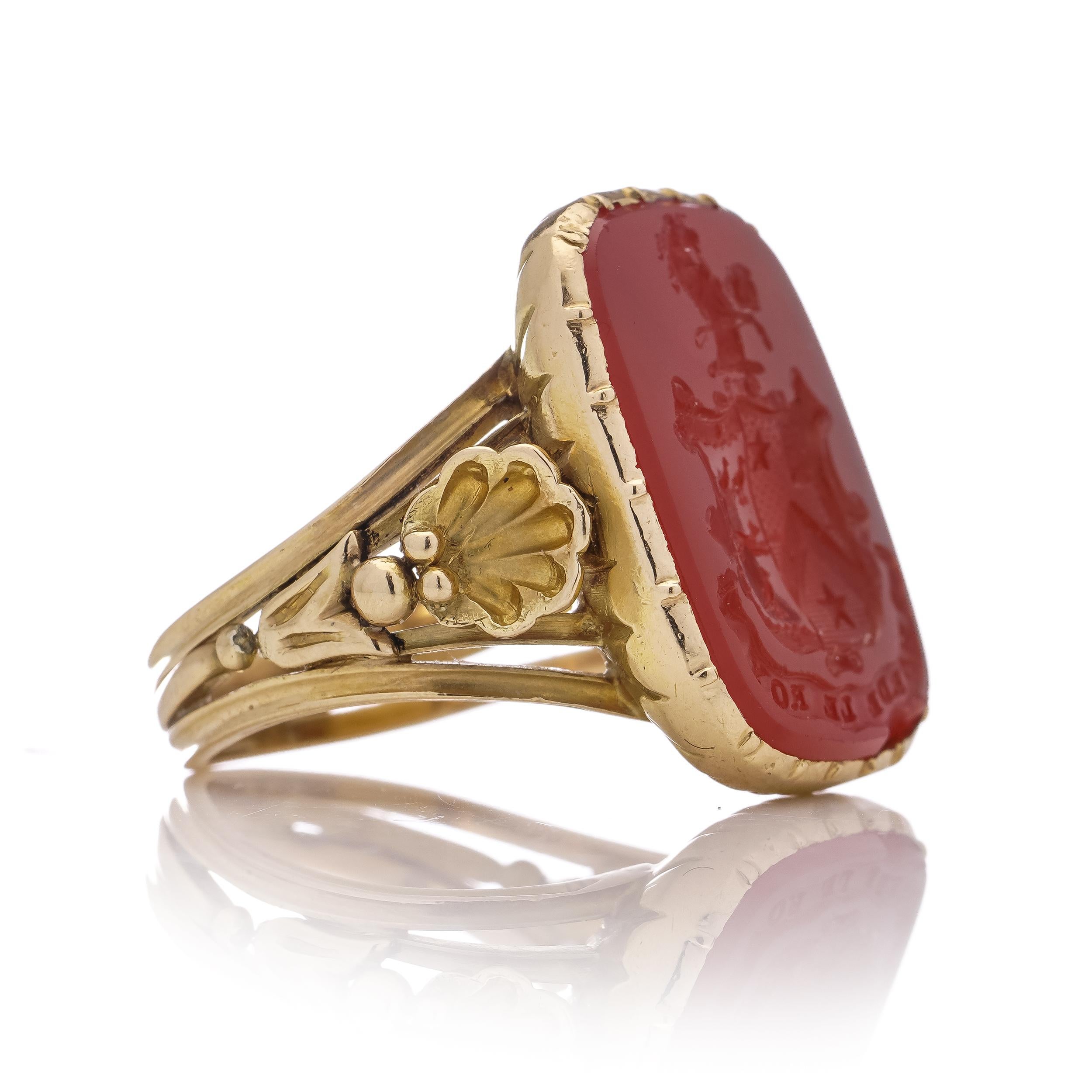 20kt. gold carved carnelian signet ring with coat of arms and Latin ...