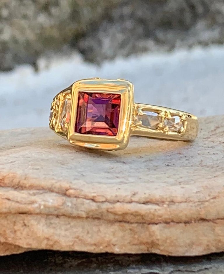 20k Yellow Gold Ring with Pink Tourmaline Square and White Rose Cut ...