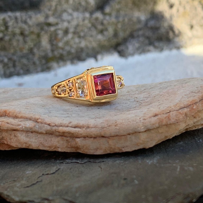 20k Yellow Gold Ring with Pink Tourmaline Square and White Rose Cut ...