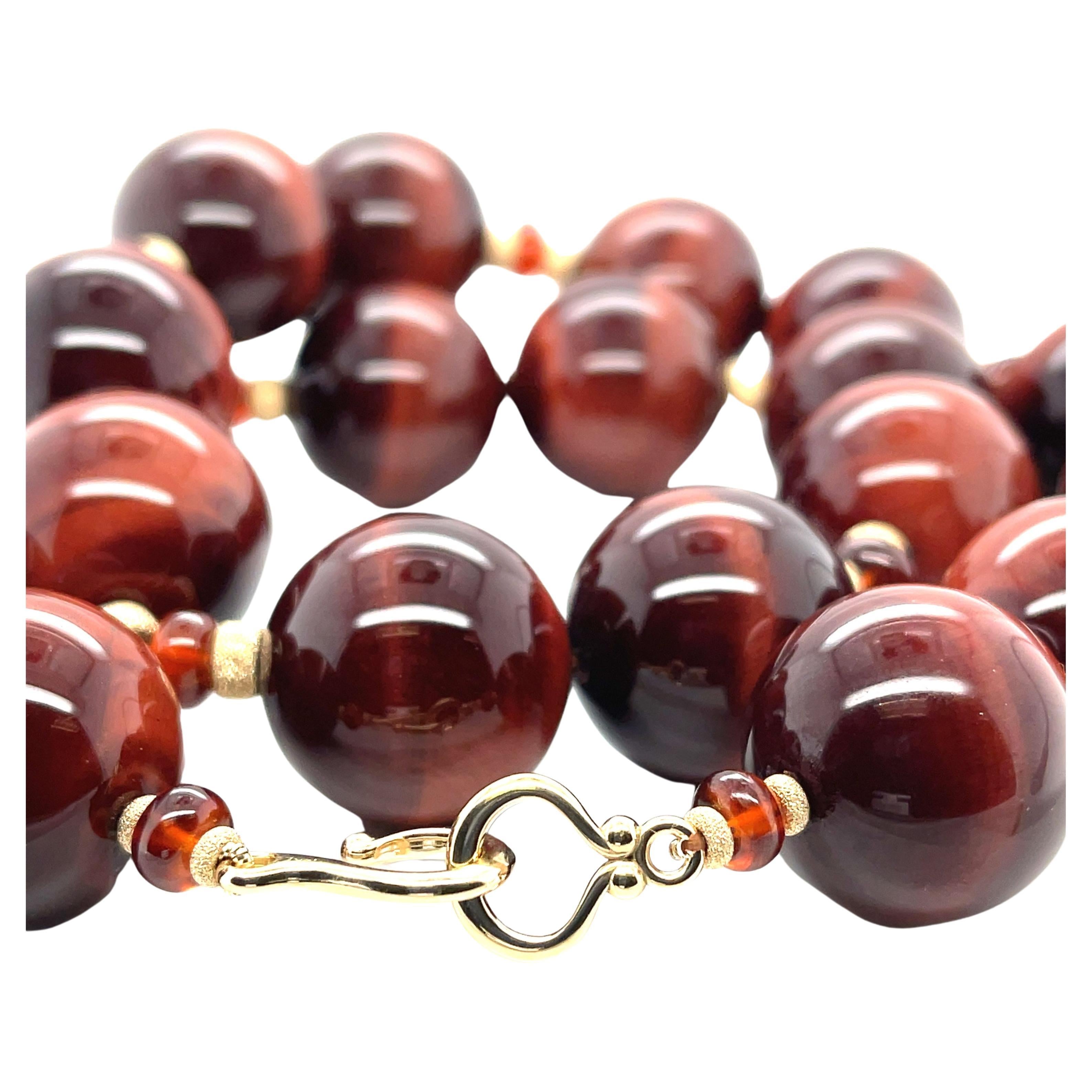 20mm Tigers Eye and Garnet Beaded Necklace with 18k Yellow Gold Accents ...