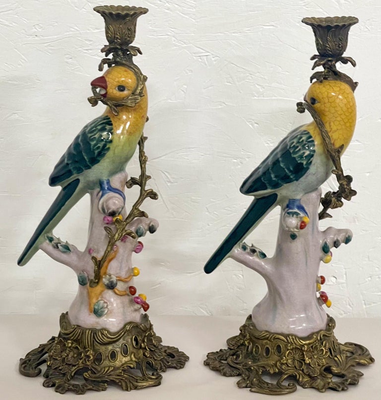 20th-C, Hand Painted Tropical Parrot Candlesticks Wrapped in Bronze ...