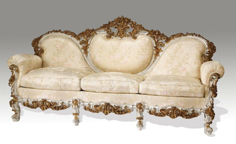 20th Century Italian Rococo Style Carved, Gilt, Satin Brocade, 3 Sofa ...