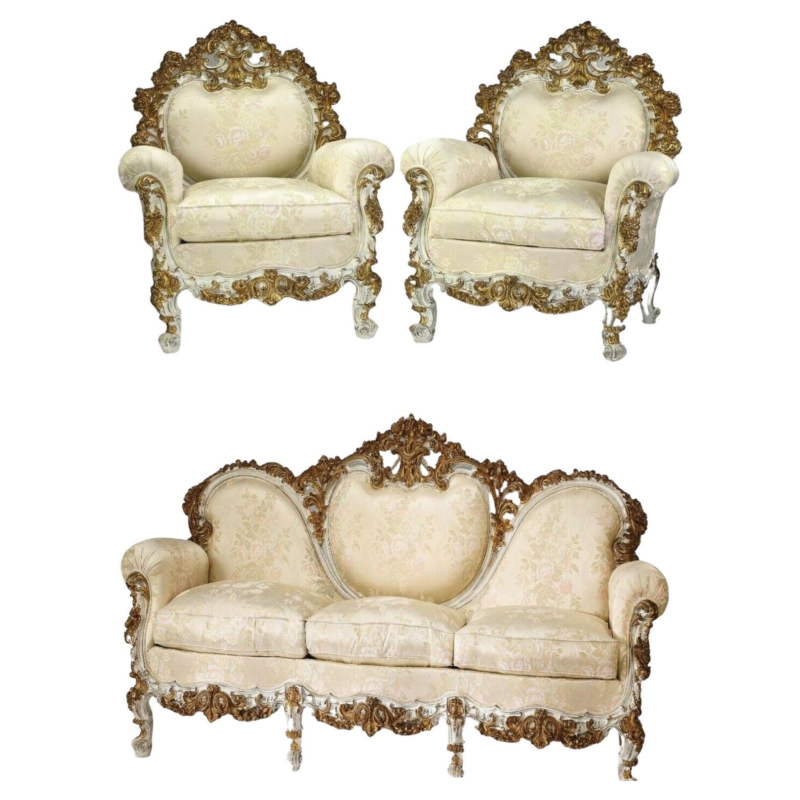 20th Century Italian Rococo Style Carved, Gilt, Satin Brocade, 3 Sofa ...