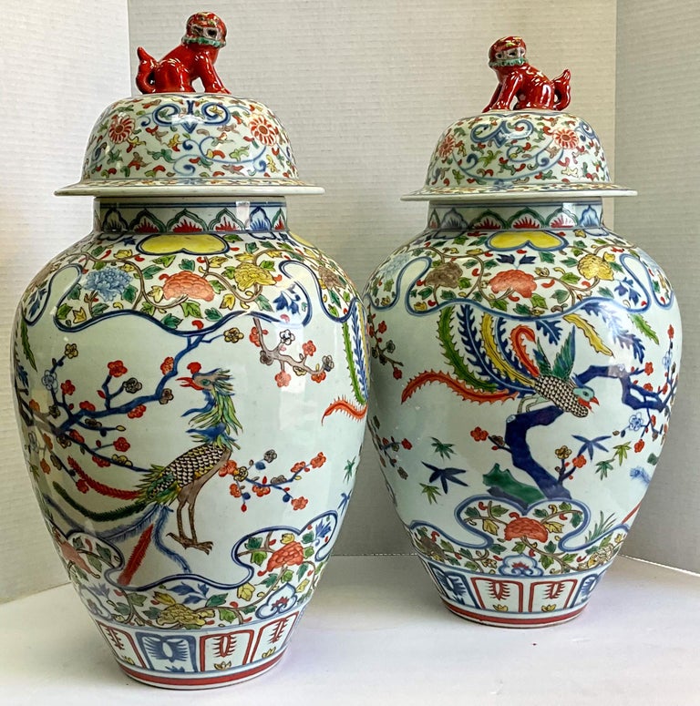 20th-C. Large Chinese Export Bird Motif Ginger Jars Coral Foo Dog ...