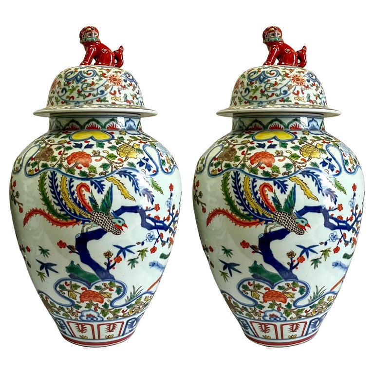 20th-C. Large Chinese Export Bird Motif Ginger Jars Coral Foo Dog ...