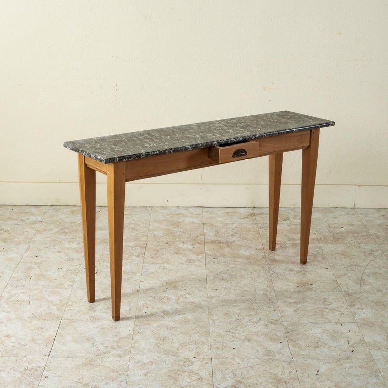 20th C. Narrow French Artisan-Made Cherrywood and Marble Console or ...