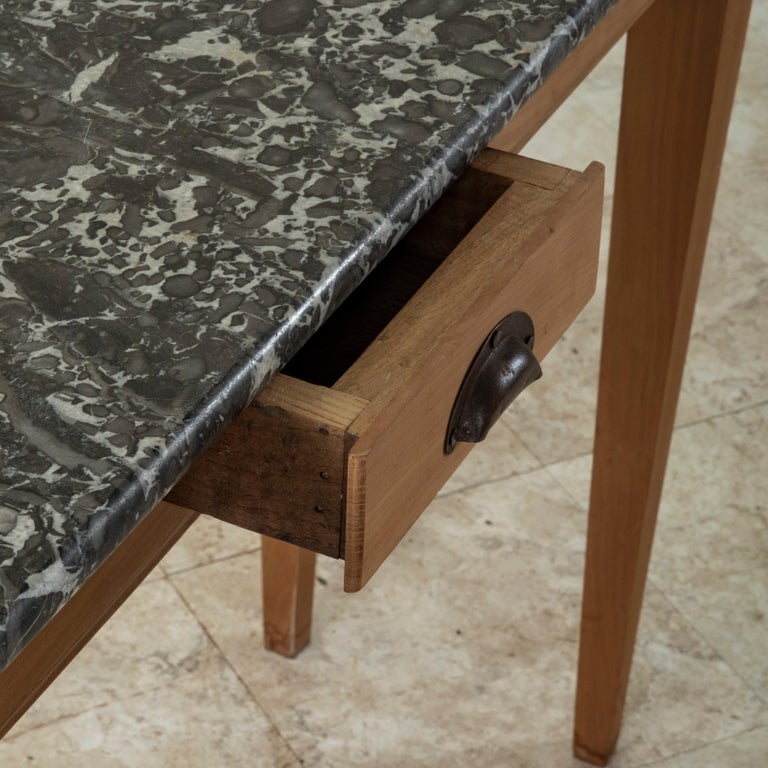 20th C. Narrow French Artisan-Made Cherrywood and Marble Console or ...