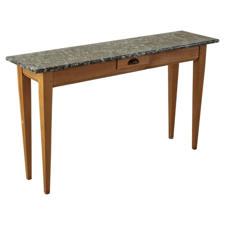 20th C. Narrow French Artisan-Made Cherrywood and Marble Console or Sofa Table For Sale at 1stDibs