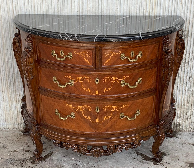 20th Carved and Marquetry Chest of Drawers with Four Drawers at 1stDibs