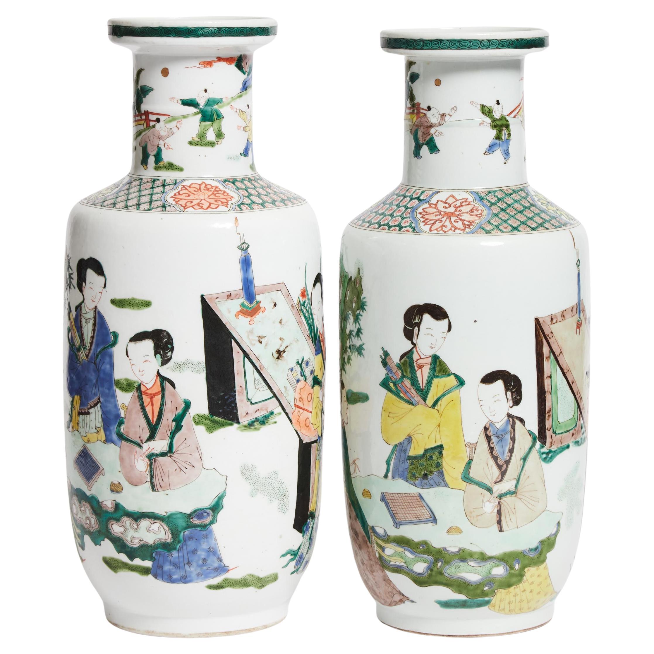 20th C Pair of Chinese Famille Verte 'Ladies' Rouleau Vases, Shende ...