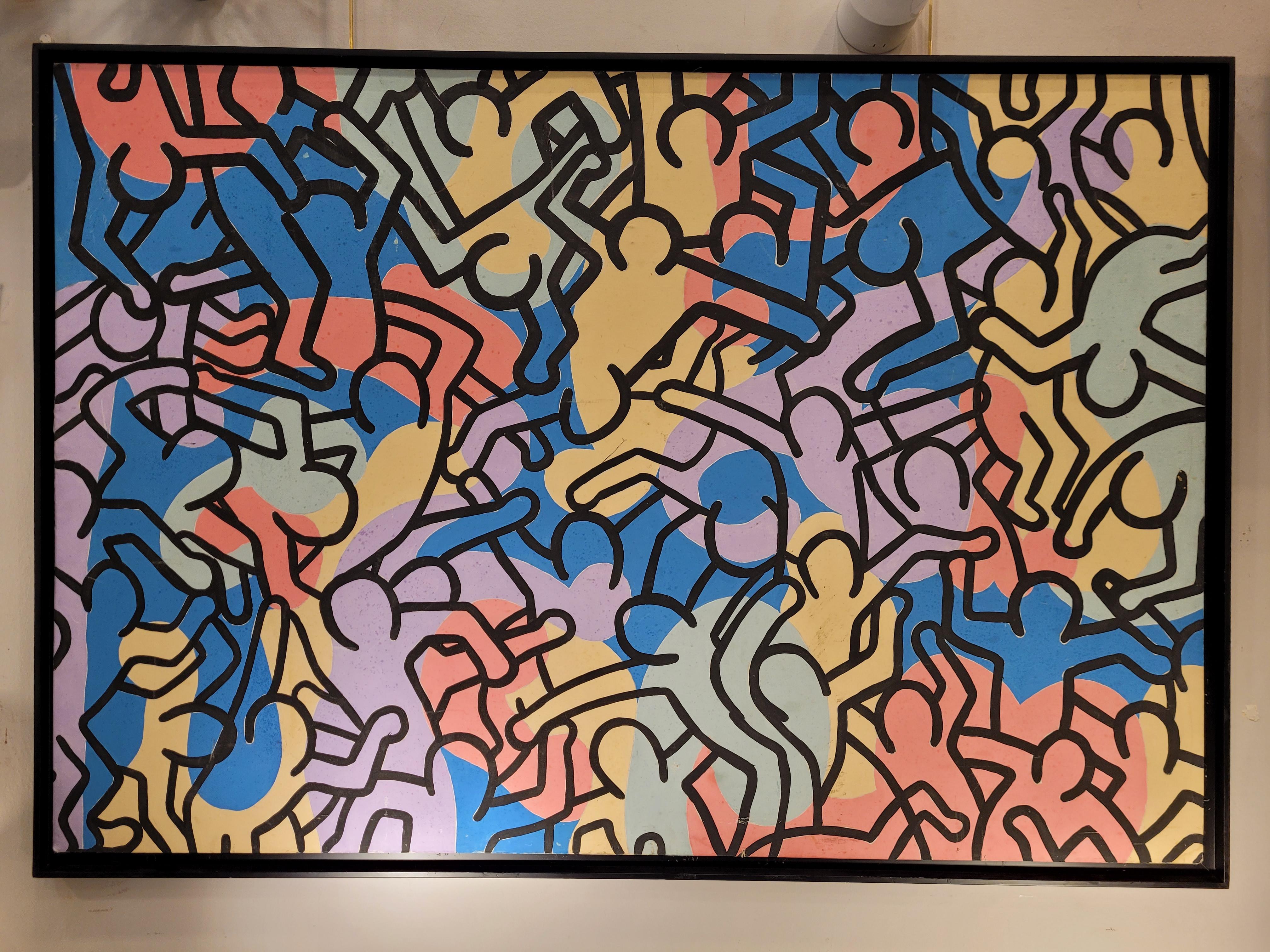 20th Century After Keith Haring Blue pink yellow Oil on Canvas"Dancing ...