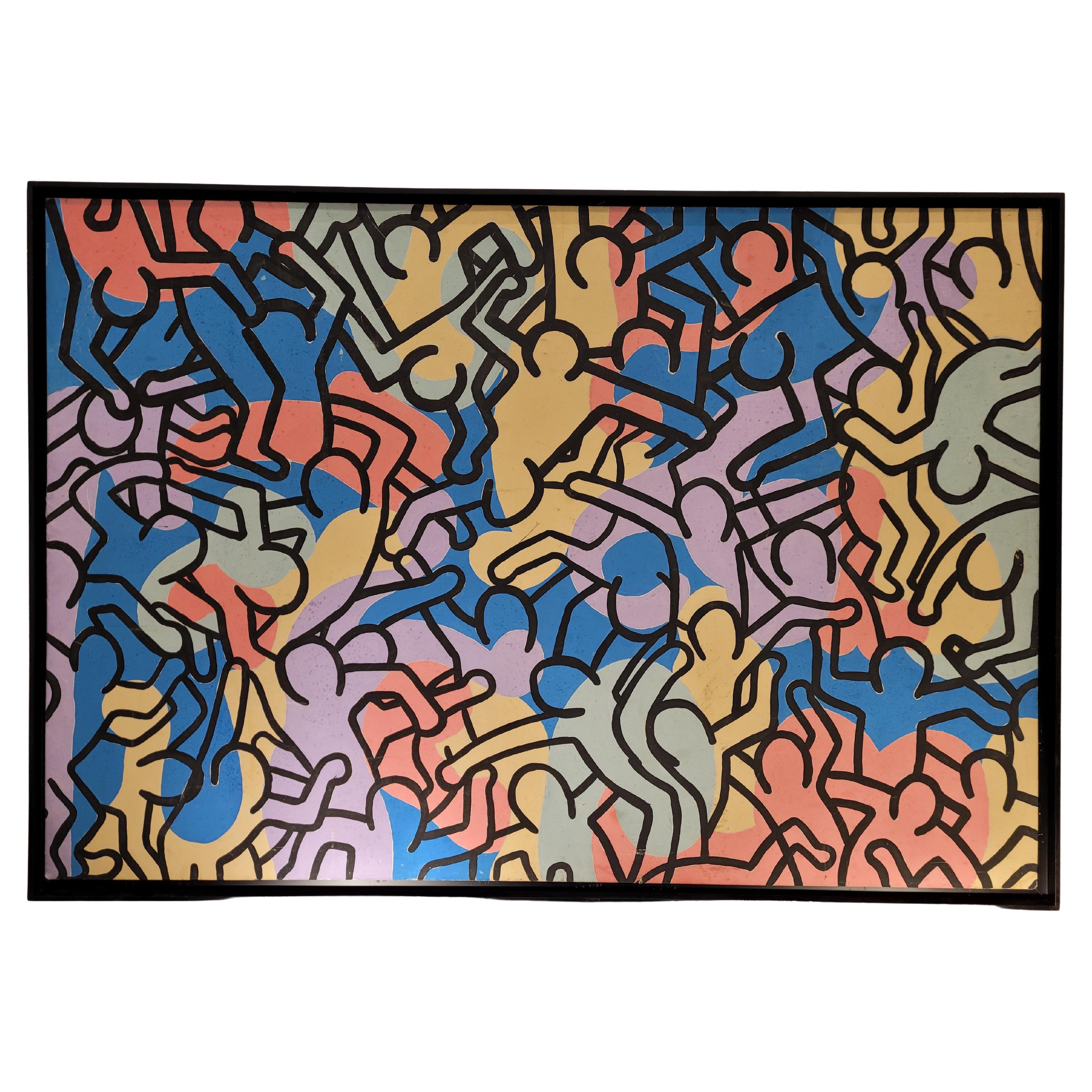 20th Century After Keith Haring Blue pink yellow Oil on Canvas"Dancing ...