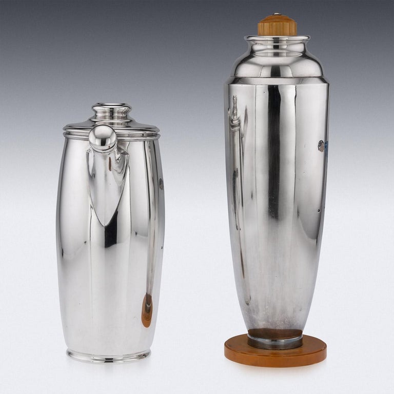 20th Century American Silver and Enamel Cocktail Shakers With Hip Flask ...