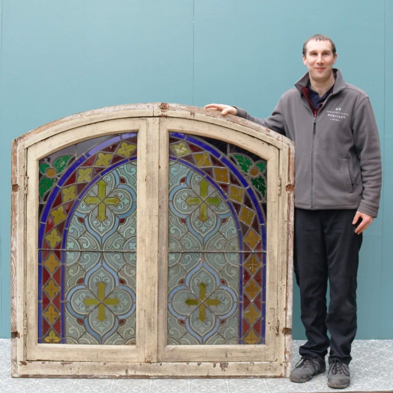 20th Century Antique French Window with Stained Leaded Glass For Sale ...