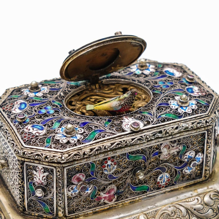 20th Century Austrian Solid Silver-Gilt and Enamel Bird Automaton Box ...