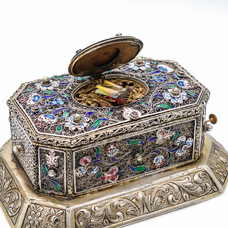 20th Century Austrian Solid Silver-Gilt and Enamel Bird Automaton Box ...
