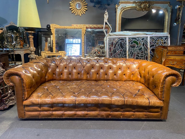 20th Century, Authentic Brown Leather Chesterfield on Castors Made in ...