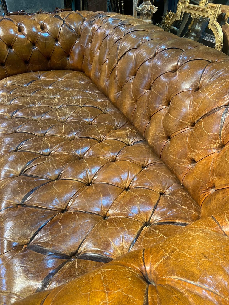 20th Century, Authentic Brown Leather Chesterfield on Castors Made in ...