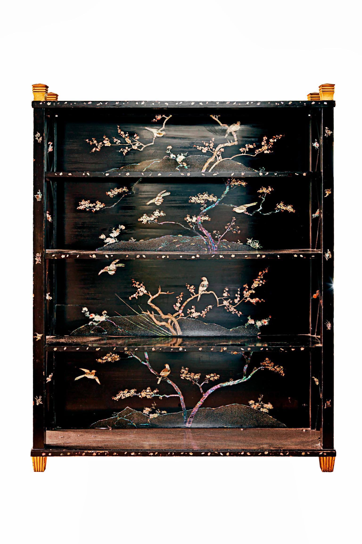 20th century black lacquer Chippendale style mother of pearl bookcase ...
