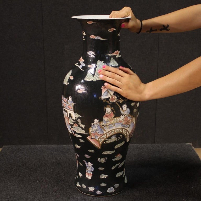 20th Century Black Painted and Chiselled Ceramic Chinese Oriental Vase ...