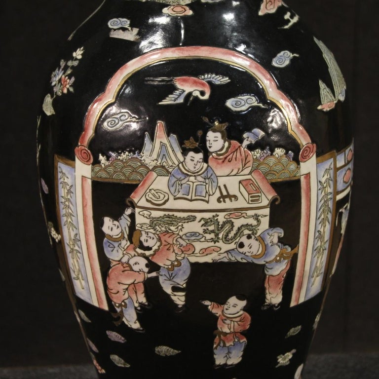 20th Century Black Painted and Chiselled Ceramic Chinese Oriental Vase ...