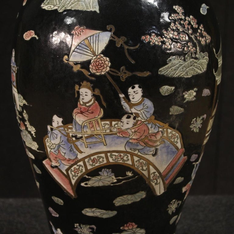 20th Century Black Painted and Chiselled Ceramic Chinese Oriental Vase ...