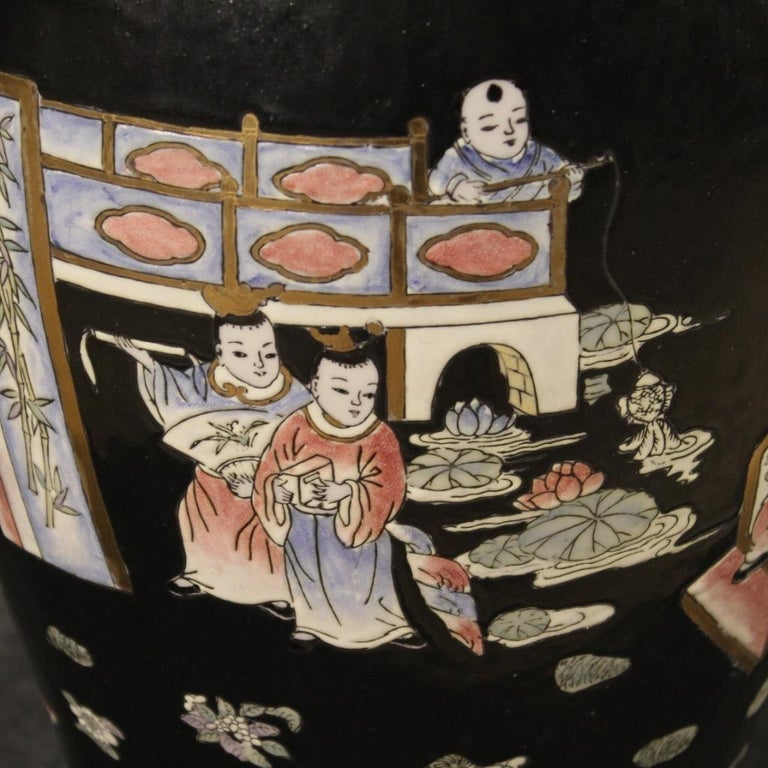 20th Century Black Painted and Chiselled Ceramic Chinese Oriental Vase ...