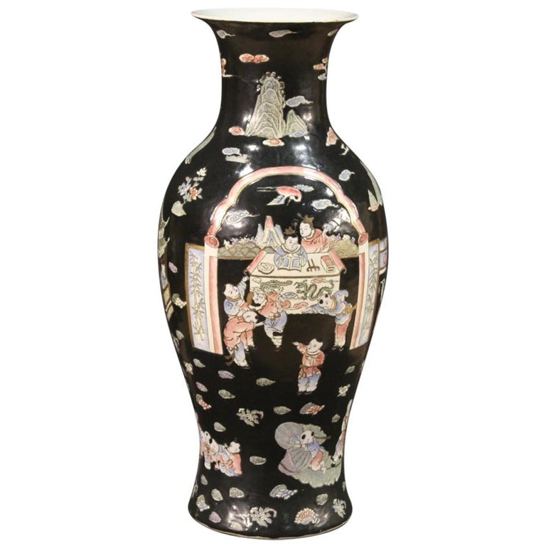 20th Century Black Painted and Chiselled Ceramic Chinese Oriental Vase ...