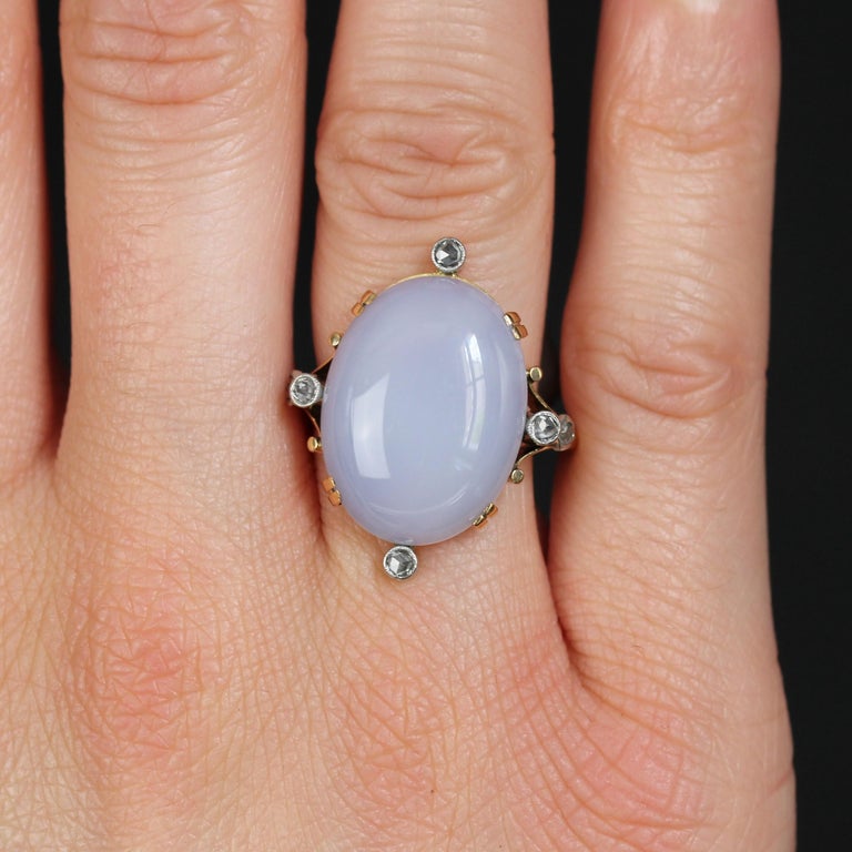 20th Century Cabochon Chalcedony Diamonds 18 Karat Yellow Gold Ring For ...