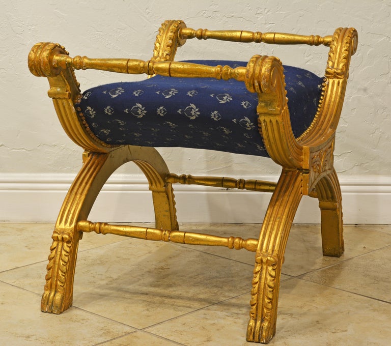 20th Century Carved Giltwood Classical Curule Style Upholstered Bench ...