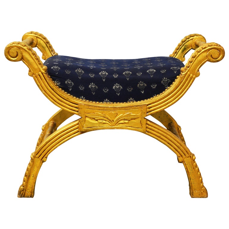20th Century Carved Giltwood Classical Curule Style Upholstered Bench ...