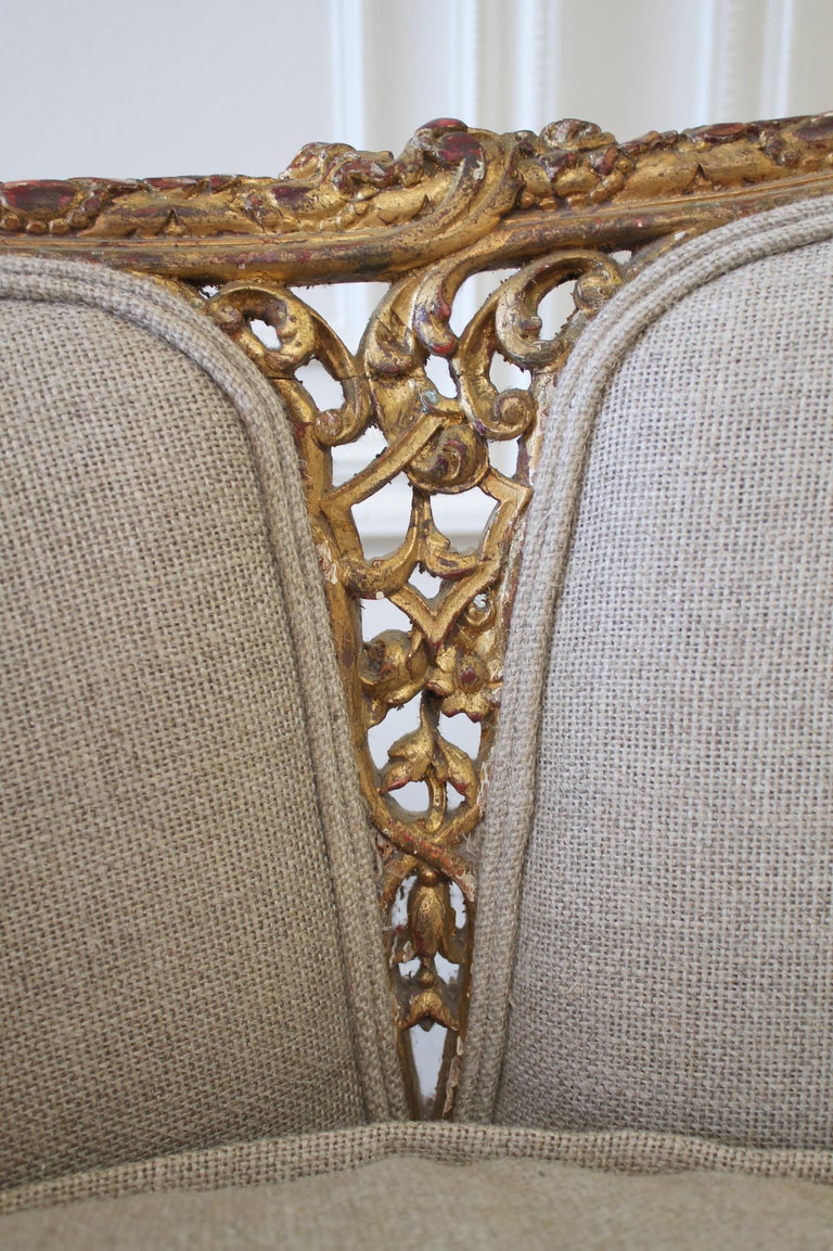 20th Century Carved Giltwood Settee Upholstered in Irish Nubby Natural ...