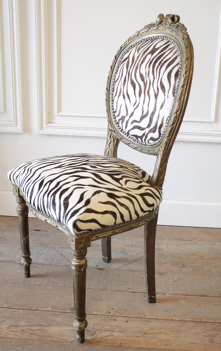 20th Century Carved Giltwood Zebra Upholstered Louis XVI Style Chairs ...