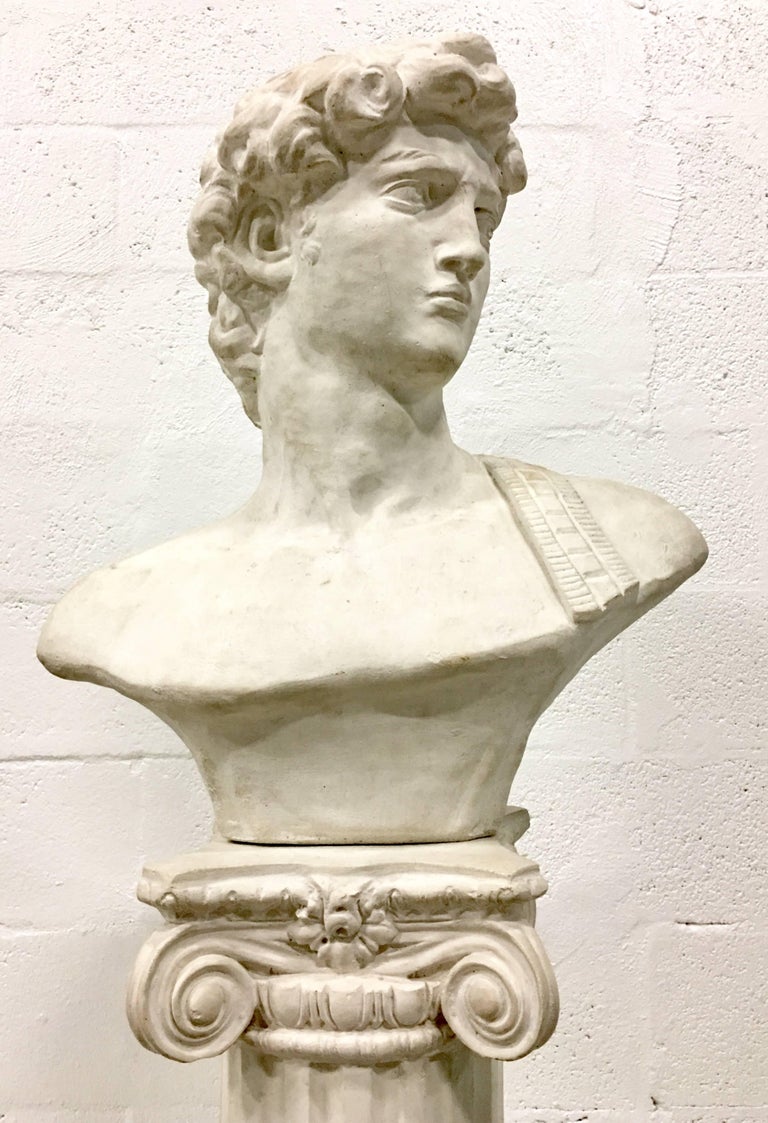 20th Century Cast Stone Carved Roman Bust Statue and Pedestal at 1stDibs