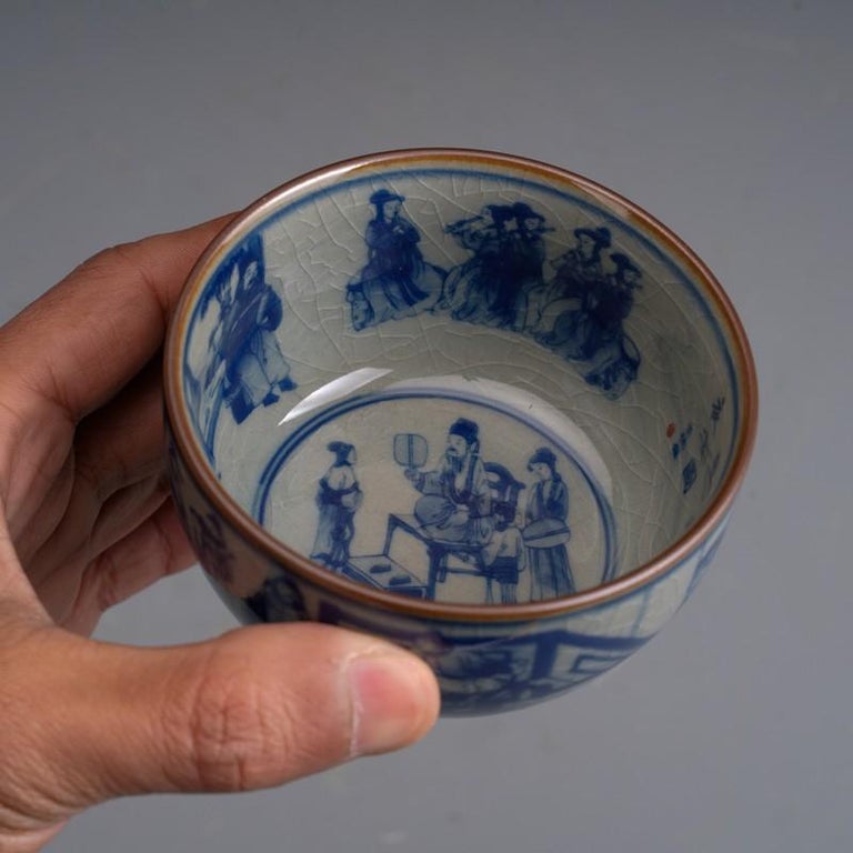 20th Century Chinese Blue and White Figures Story Bowl For Sale at 1stDibs