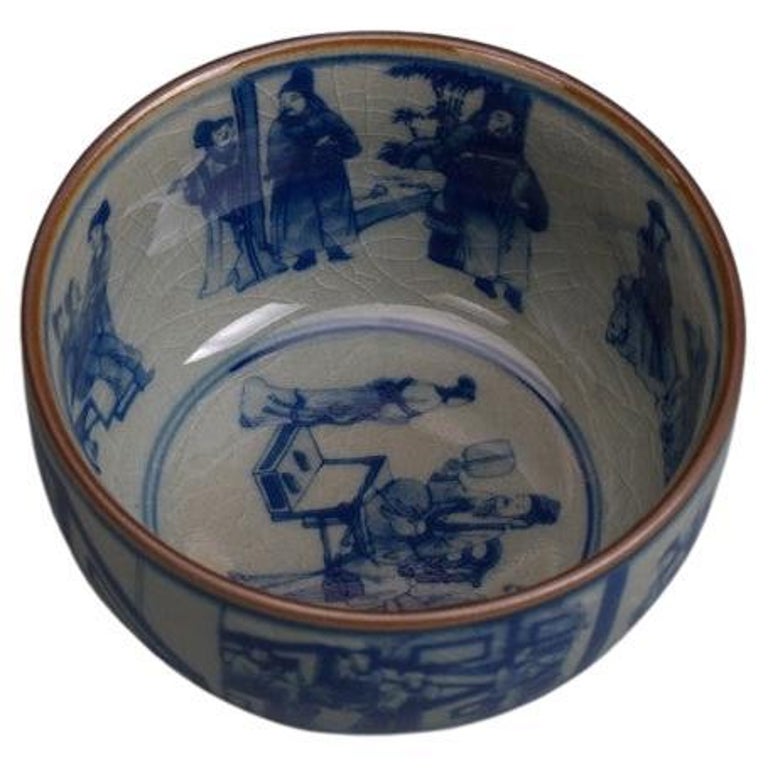 20th Century Chinese Blue and White Figures Story Bowl For Sale at 1stDibs