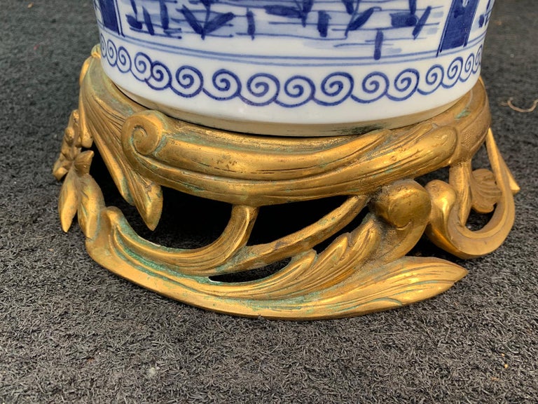 20th Century Chinese Delft Style Blue and White Bronze Mounted Lamp For ...