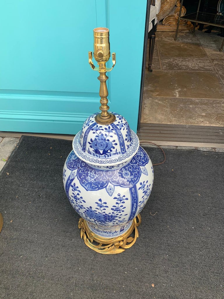20th Century Chinese Delft Style Blue and White Bronze Mounted Lamp For ...