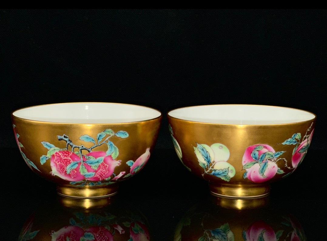 20th Century Chinese Handmade Gold Ground Three Fruits Porcelain Bowl ...