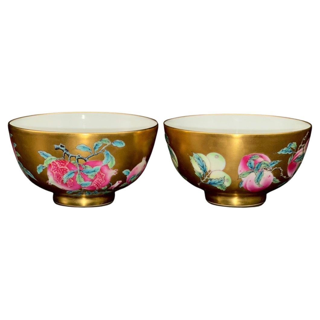 20th Century Chinese Handmade Gold Ground Three Fruits Porcelain Bowl ...